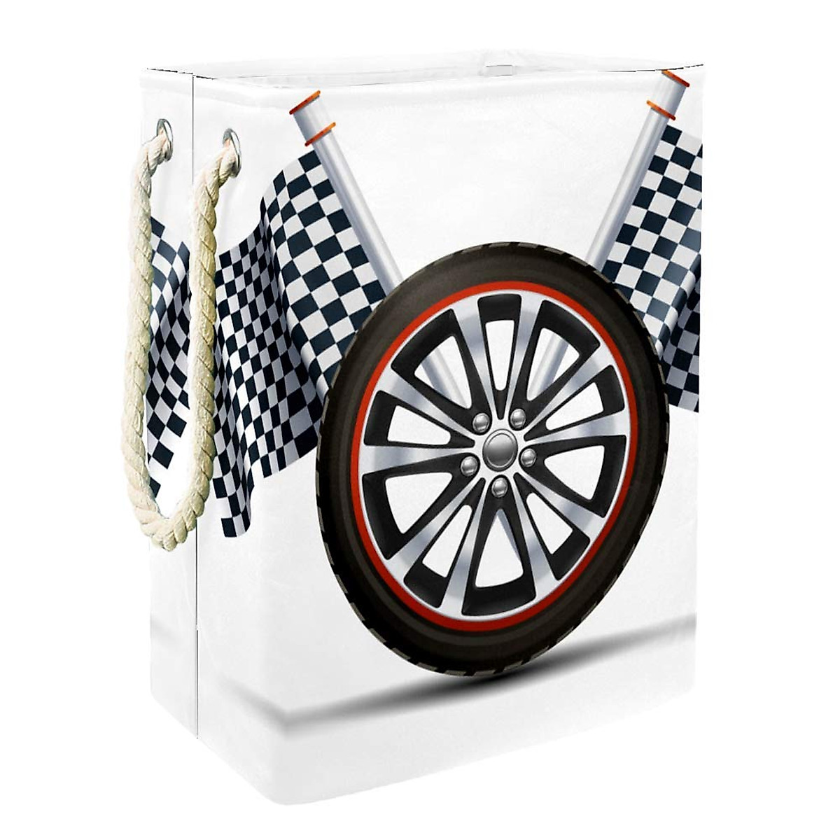 Large Foldable Waterproof Storage Baskets Collapsible Organizer with Carrying Handles for Nursery, Home Closet, Toys, Towels, Laundry - Checkered Racing Flag And Wheel