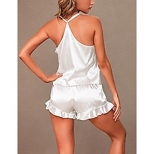 Pjmlifecoco Silk Pajamas Set Women Satin Camisole PJs White Pajamas Bridal Gifts Two Piece Pajamas Sets