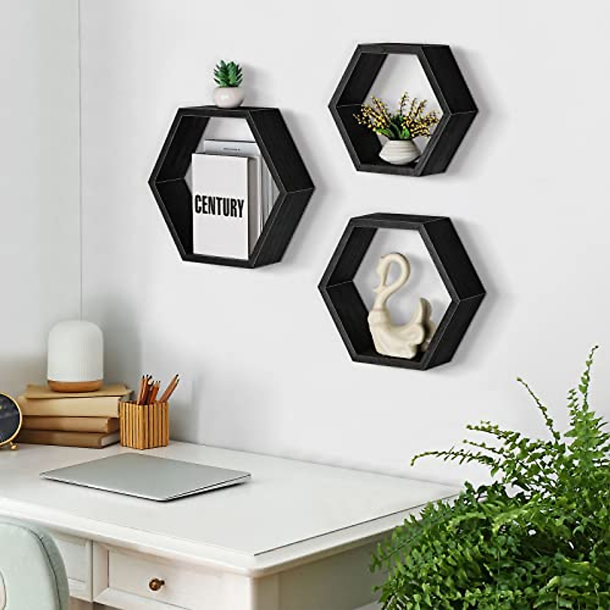YBING Hexagon Floating Shelves Wall Mounted Black Hexagon Shelves for Wall Set of 3 Wood Honeycomb Shelves for Living Room Farmhouse Decor Wall Hexagon Home Decor Storage Shelves for Bedroom Office