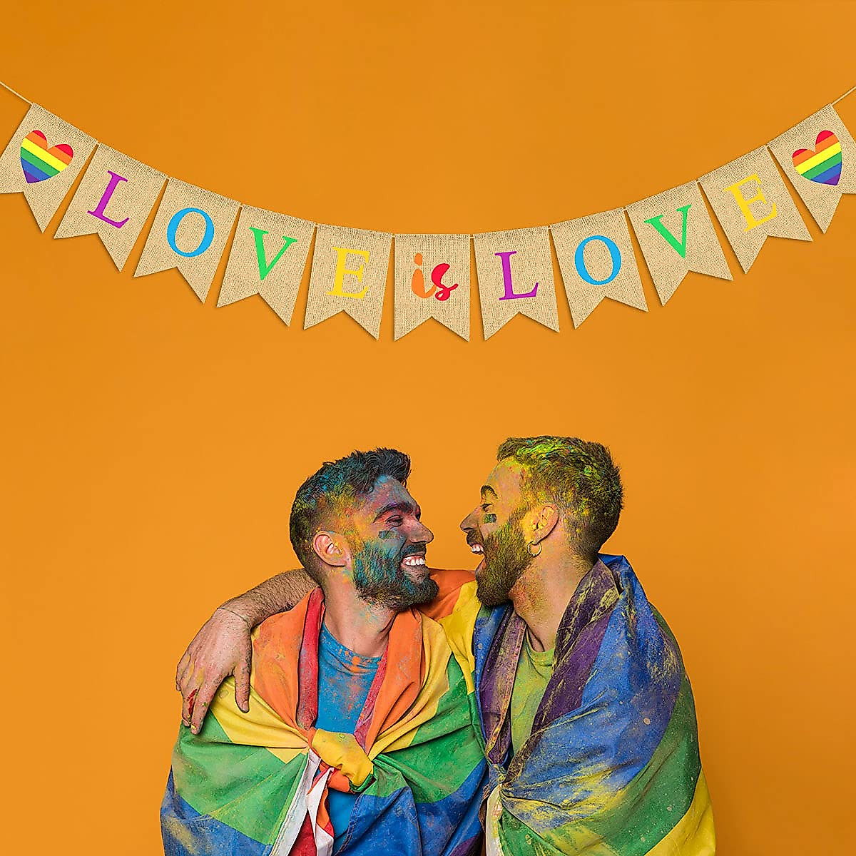 Jute Burlap LOVE IS LOVE Banner Pride Day Rustic Rainbow Heart LGBT Gay Lesbian Party Mantle Fireplace Decoration