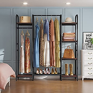 Timate P9 Clothes Rack with Shelves Portable Freestanding Clothing Rack for Hanging Clothes, Heavy Duty Garment Rack with 6 Wood Shelves & 2 Hanging Rod Sturdy Metal Storage Wardrobe for Bedroom Black