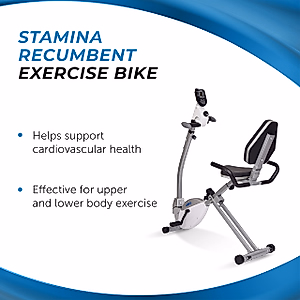 Stamina Recumbent Exercise Bike with Arm Workout - Fitness Bike with Smart Workout App - Recumbent Exercise Bike for Home Workout - Up to 250 lbs Weight Capacity
