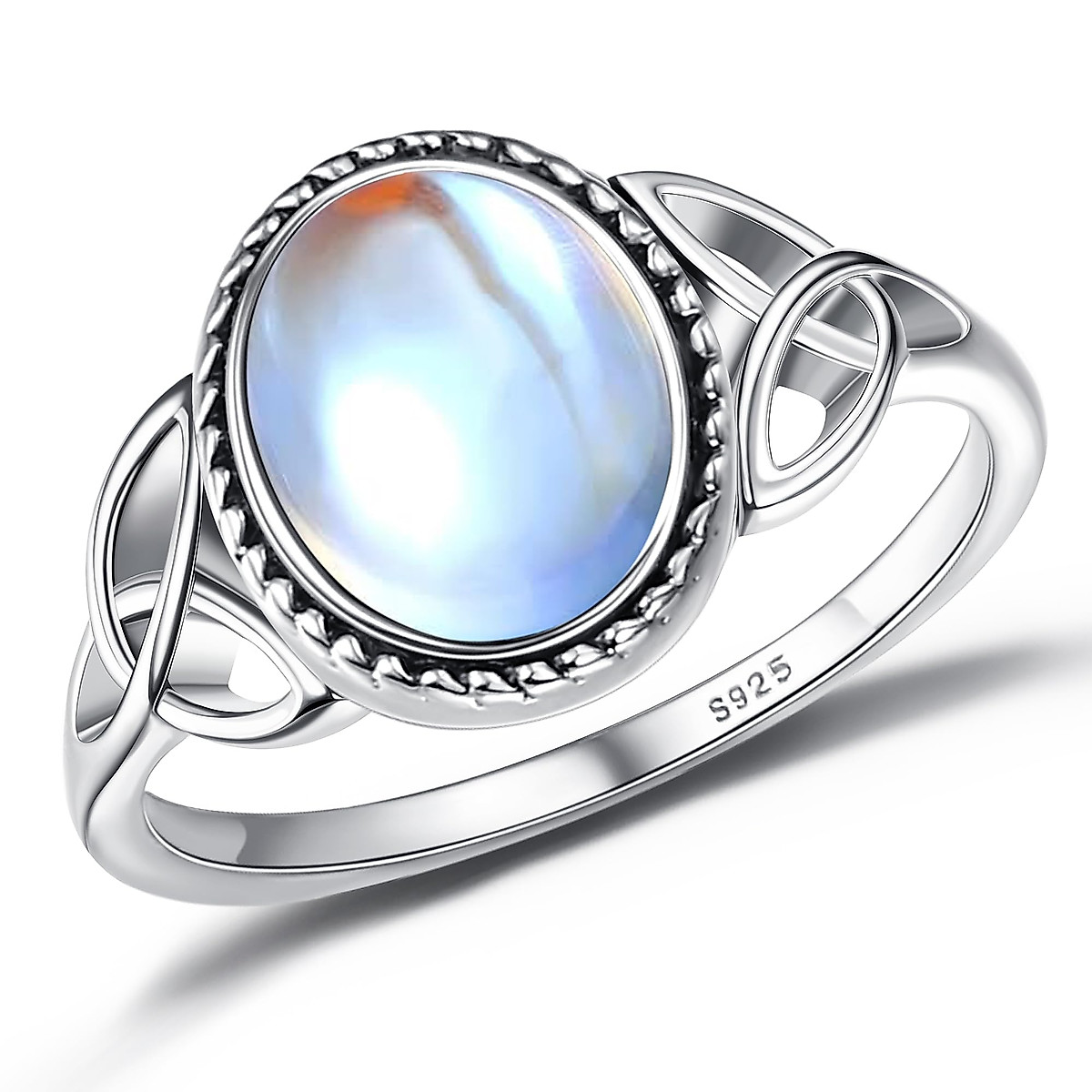 ADRAMATA 925 Sterling Silver Moonstone Ring for Women 18K White Gold Plated Rainbow Moon Stone Rings Victorian Style Gemstone Solitaire Oval Moonstone Ring Size 9