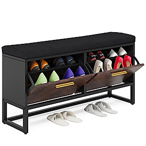 Tribesigns Storage Bench With Seat Cushion, Entryway Shoe Bench With 2 Flip Drawers, Hallway Cabinet, Hidden Organizer for Living Room, Bedroom, Mudroom, Black