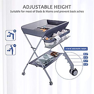 EGREE Baby Changing Table Portable Folding Diaper Changing Station with Wheels, Adjustable Height Mobile Nursery Organizer with Safety Belt and Large Storage Racks for Newborn Baby and Infant, Gray