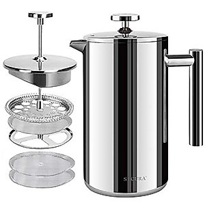 Secura French Press Coffee Maker, 304 Grade Stainless Steel Insulated Coffee Press with 2 Extra Screens, 50oz (1.5 Litre), Silver