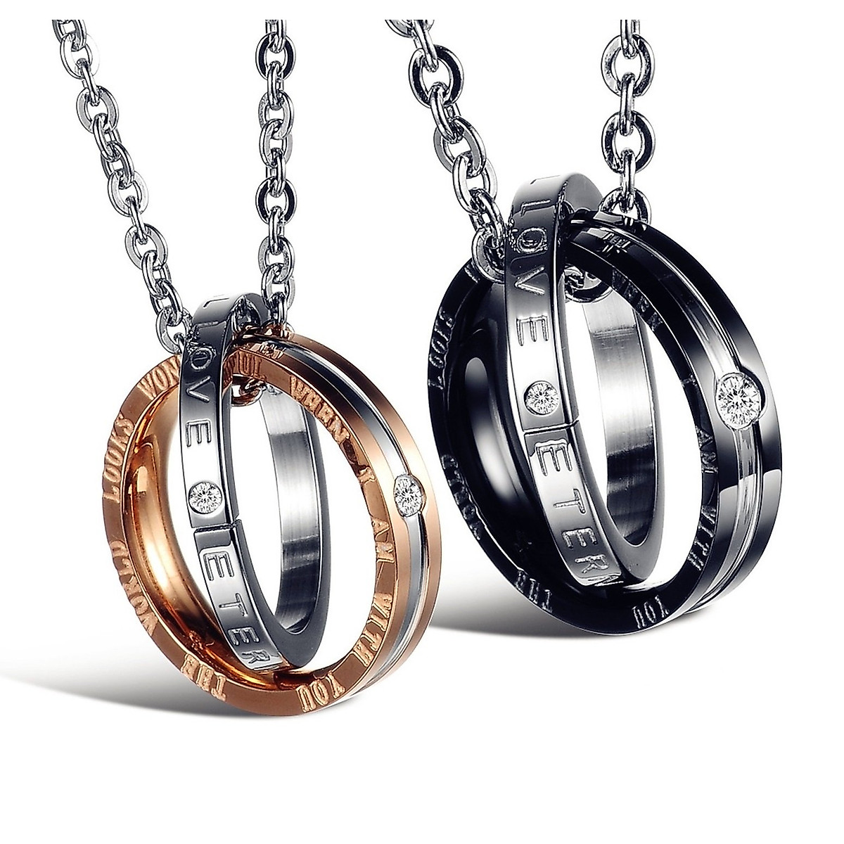 His & Hers Matching Set Titanium Stainless Steel Couple Pendant Necklace Korean Love Style with a Lucky Bean