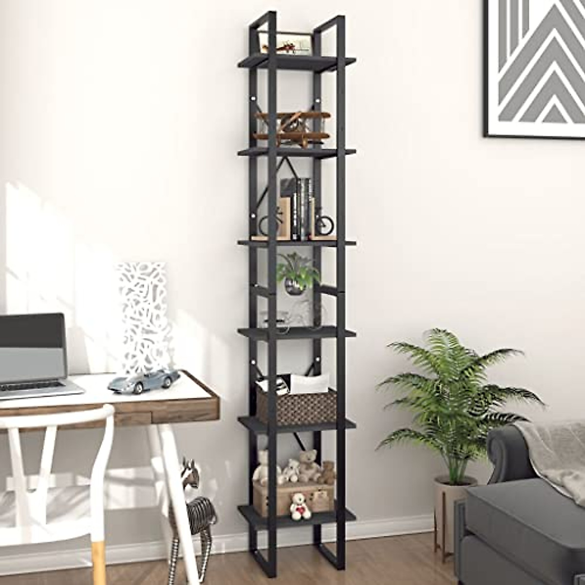 QZZCED 6-Tier Book Cabinet,Corner Bookshelf,Narrow Bookcase,Living Room Bookshelf,Office Bookshelf,for Living Room, Bedroom, Study, Hallway, Gray 15.7"x11.8"x82.7" Chipboard