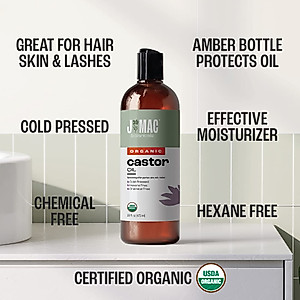 J MAC BOTANICALS Organic Castor Oil, Cold Pressed (16 oz) BPA Free, Castor hexane free, for face, skin, eyelashes, Certified USDA Organic