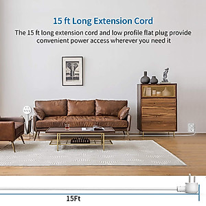 Extension Cord 15ft Bundle, NTONPOWER Flat Plug Power Strip with Long Extension Cord, Desktop Charging Station Wall Mount for Home, Dorm Room, Office and Nightstand - White