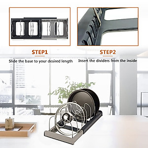 Expandable Pot Pan Lid Organizer Rack Holder with 7 Adjustable Dividers Stainless Steel Storage Rack Kitchen Organizer Holder Cabinet Countertop Pan Lid Holder with 2 Hooks
