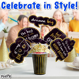 Premium Birthday Photo Booth Props Kit - 27 Pieces Black & Gold Party Decorations - Durable & Easy-to-Use Photobooth Props Signs for Memorable Photos - Party Supply Decorations - by PixiPy
