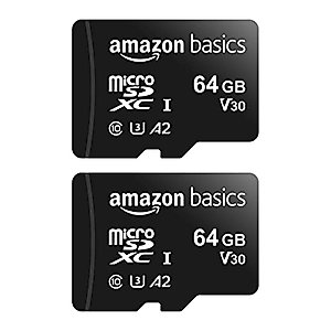 Amazon Basics microSDXC Memory Card with Full Size Adapter, A2, U3, Read Speed up to 100 MB/s, 64 GB - Pack of 2