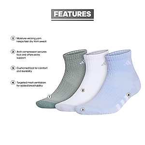 adidas Men's Cushioned Quarter Socks (3-Pair), Blue Dawn/White/Silver Green, Large