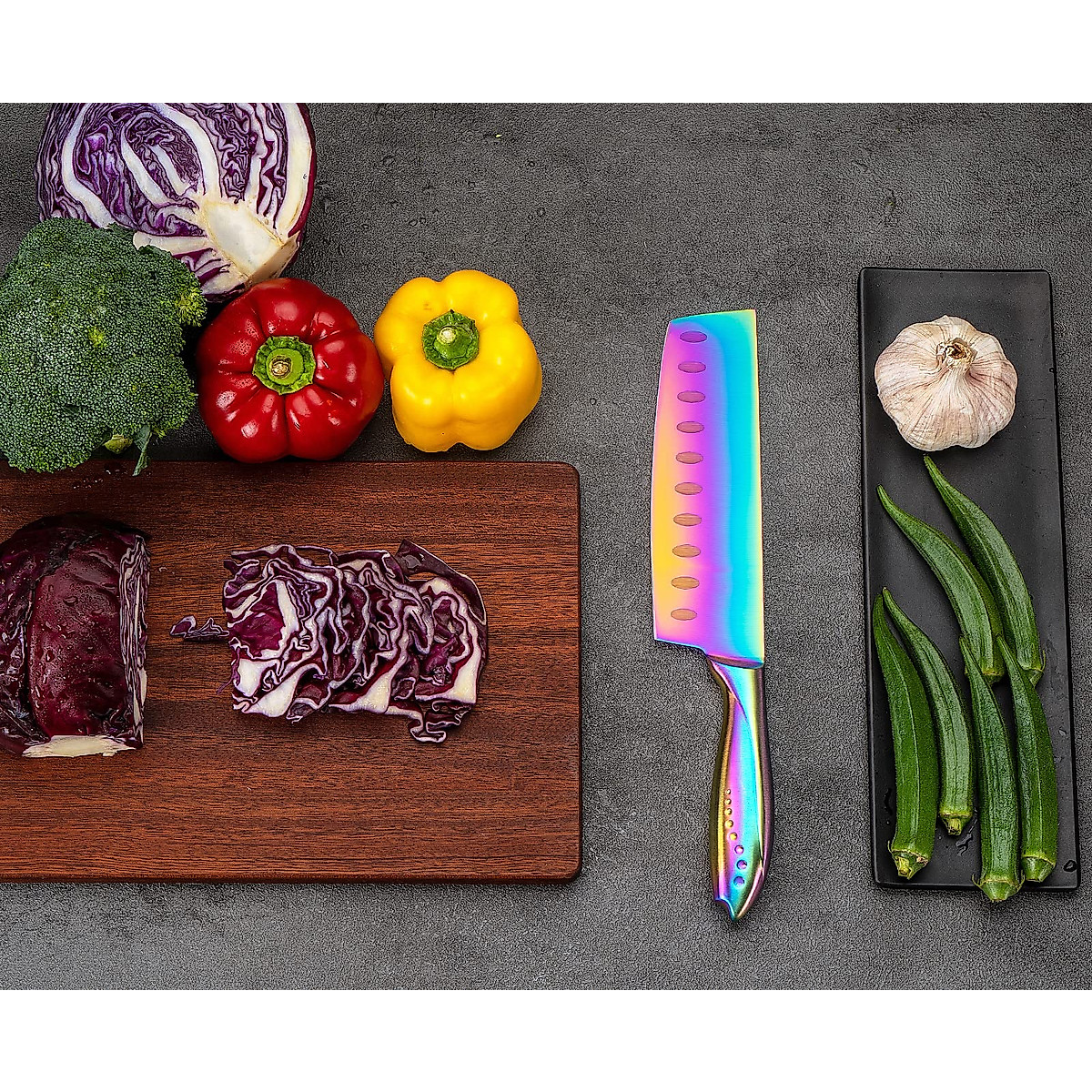 WELLSTAR Nakiri Knife 7 Inch, Razor Sharp German Stainless Steel Meat Vegetable Cleaver, Multi-purpose Asian Kitchen Knife for Home Chef’s Cooking with Rainbow Titanium Coating, Strong Durable Handle