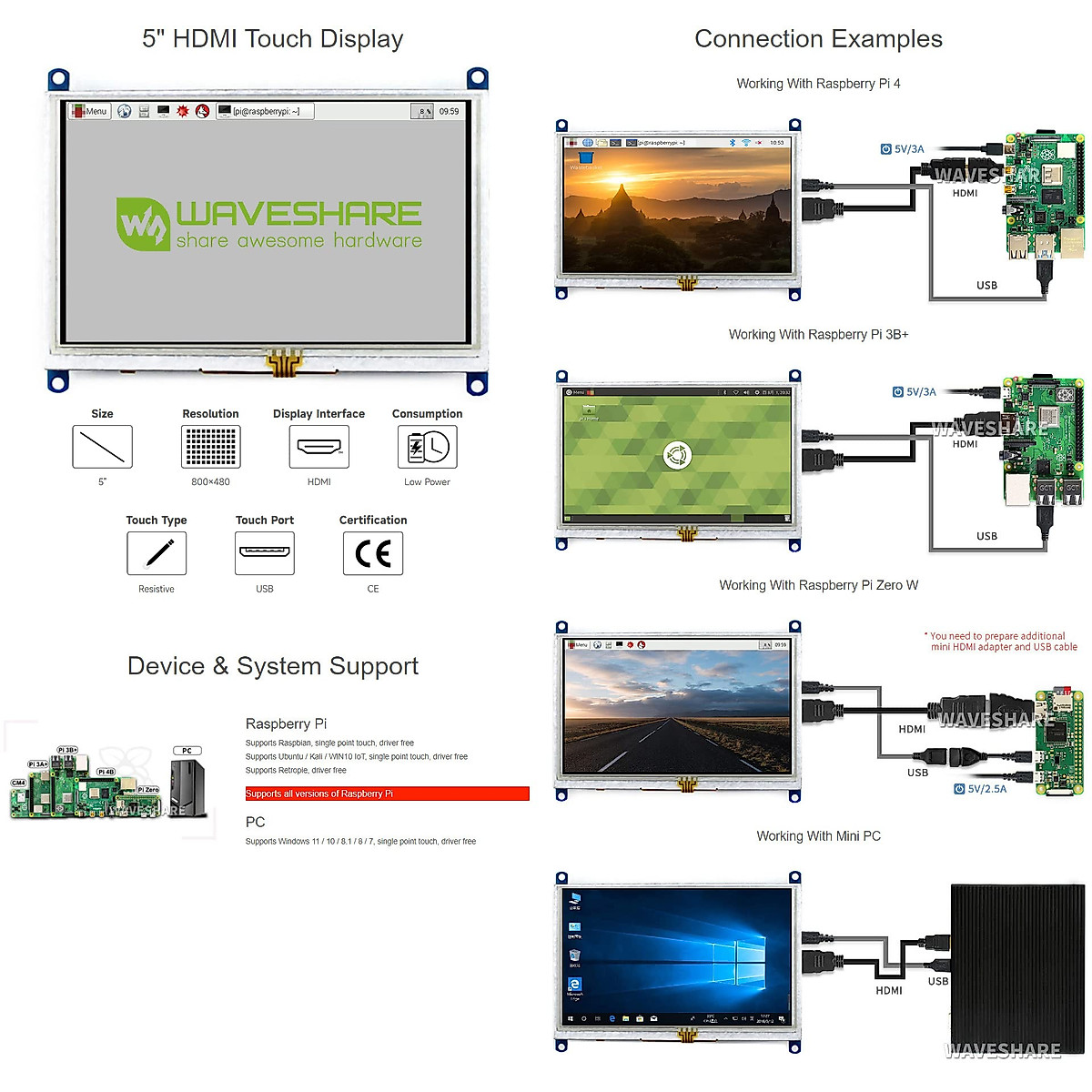 waveshare 5 Inch Resistive Touch Screen LCD(B) 800X480 High Resolution HDMI USB Interface for Raspberry Pi/Banana Pi Mainboard/Raspberry Pi 3 Model B/3B+