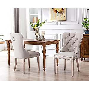 Kmax Linen Elegant Upholstered Dining Chairs, Fabric Armless Accent Chair with Ring Pull Solid Wood Legs, Set of 2 - Beige