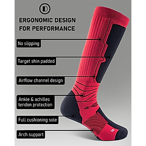 SITOISBE Men's Ski Socks Merino Wool (Pack of 2) for Skiing, Snowboarding, Snow Boots, Winter Warm, Toe Thermal, Shin Padded, Comfy Cushion, Knee High, Cold Weather Long Socks, Small, Red
