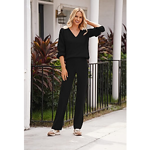 Fixmatti Women 2 Piece Outfit Set Long Sleeve Knit Pullover V Neck Sweater Top and Wide Leg Pant Sweatsuit Black XL