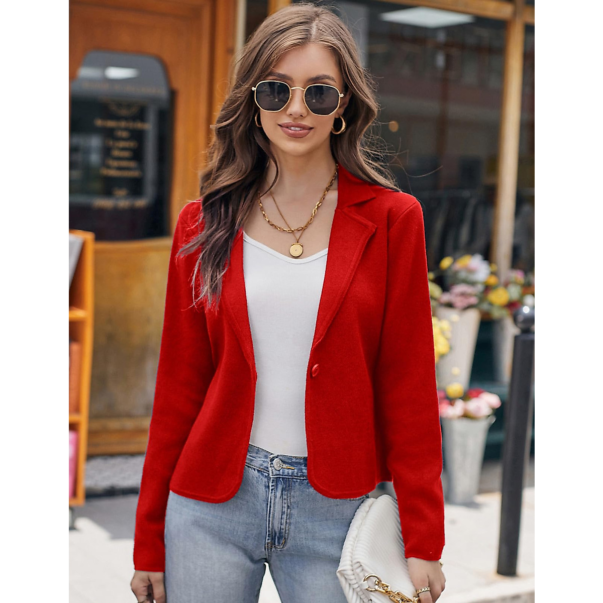 Women Knit Blazer Jackets Work Casual Long Sleeve Button Dressy Cardigan Cropped Sweater Blazer Red S