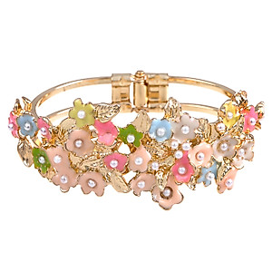 Alilang Faux Pearl Crystal Rhinestone Pastel Enamel Floral Flower Bridal Easter Bangle Cuff Bracelet