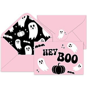 Whaline 24Pcs Halloween Ghost Thank You Cards with Envelopes and Stickers Pink Black Ghost Pumpkin Greeting Cards Little Boo Blank Note Cards for Party Supplies