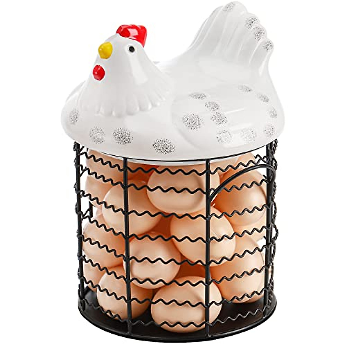 Hiceeden Metal Wire Chicken Egg Storage Basket, Decorative Fresh Egg Holder with Ceramic Chicken Design Lid, Portable Round Collectiong Basket for Kitchen Supplies, Pantry, 5.5"x6"