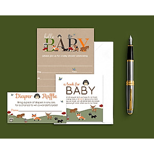 Paper Clever Party Woodland Invitation Kit for Baby Shower, Set Includes Blank Invites with Envelopes, Diaper Raffle Tickets and Bring a Book Cards, 25 of Each Design