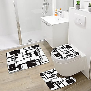Gibelle 4 Pcs Bathroom Shower Curtain Set with Non-Slip Rugs, Toilet Lid Cover and Bath Mat, Grey Black and White Bathroom Decor Set with Shower Curtain and Rugs and Accessories