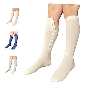 Ziperior Closed Toe 15-20 mmHg Compression White Navy Gray Inside Zipper Socks (White, Large-X-Large)