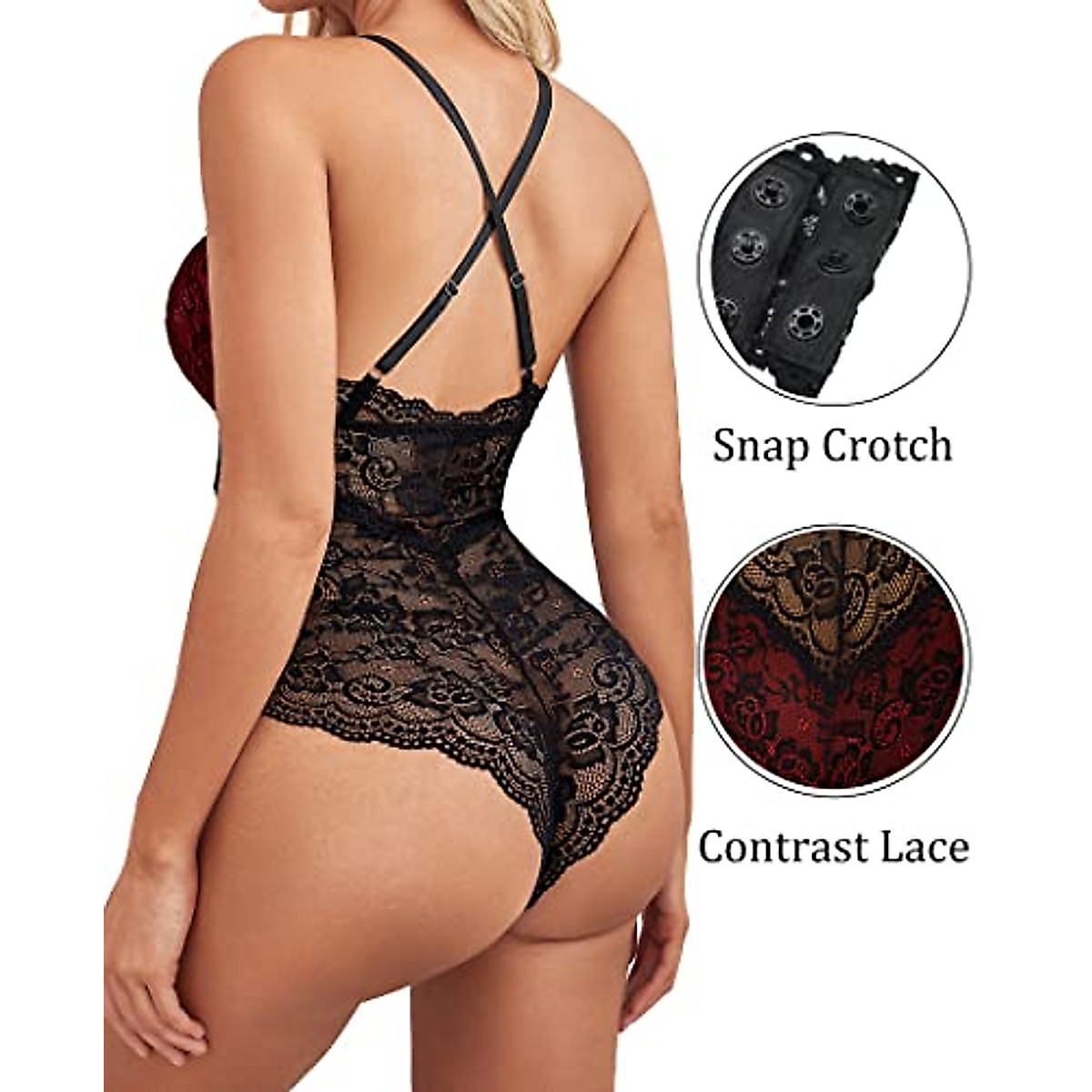 Avidlove Lingerie Bodysuit for Women Floral Lace Teddy One Piece Babydoll Mini Babydoll (Red,L)