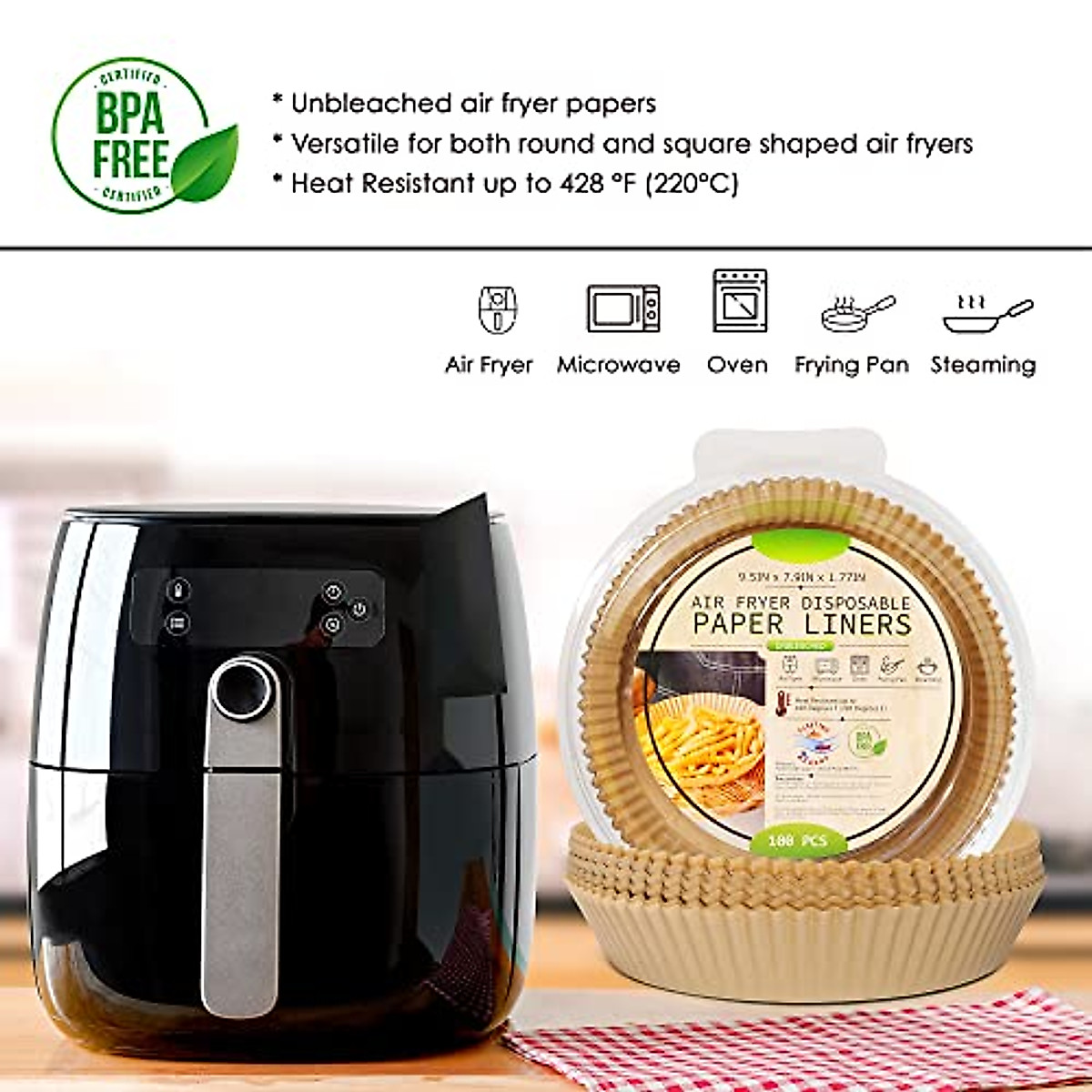 Floating Mekong Round Air Fryer Parchment Sheets Disposable | 8"-9.5" 5-8qt 100pc Large Round Paper Air Fryer Basket |Nonstick |Oven | Microwave | Wood Pulp|Heat resistant|Airfryer Liner Eco Friendly