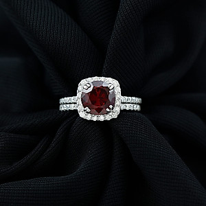 Certified Lab Grown Ruby Moissanite Wedding Ring Set, Aaaa Grade, 8 mm Round Ruby Halo Engagement Ring with Band - With Jewelry Box, 14K White Gold, Size:US 5.50