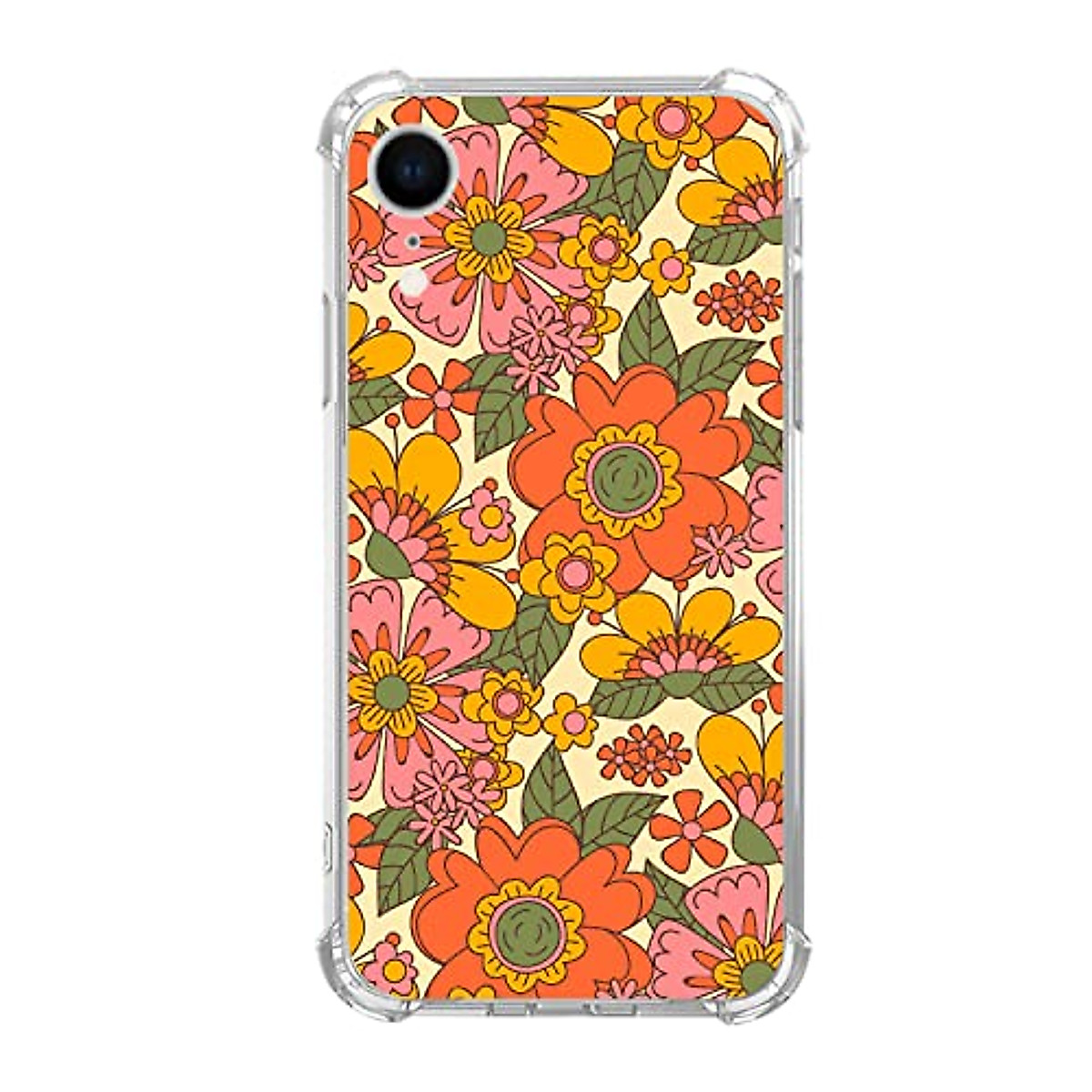 Veakgpligo Retro 70s Flowers Case Compatible with iphone XR, Hippie Vintage Orange Yellow Flowers Case for Girl Women Men,Unique Soft TPU Bumper Case Cover