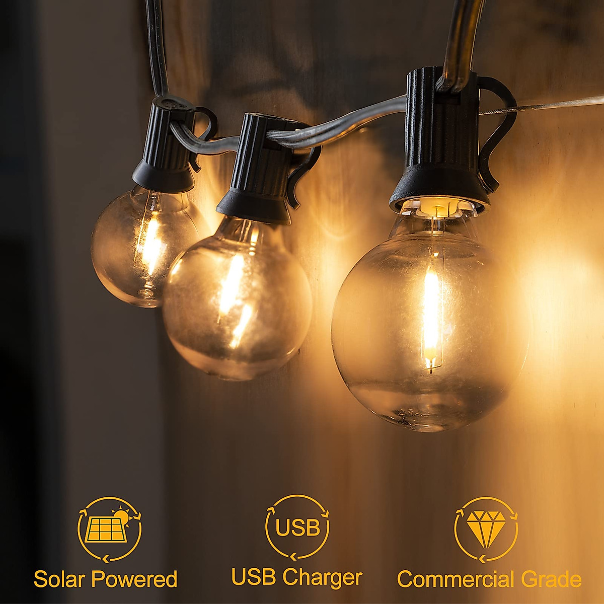 ACOHOOK 48FT Outdoor Solar String Lights, Solar Cafe Lights, Commercial Grade Solar String Lights for Outside,4 Light Modes,USB& Solar Powered String Lights with Waterproof Plastic 15+1(Spare) Bulbs