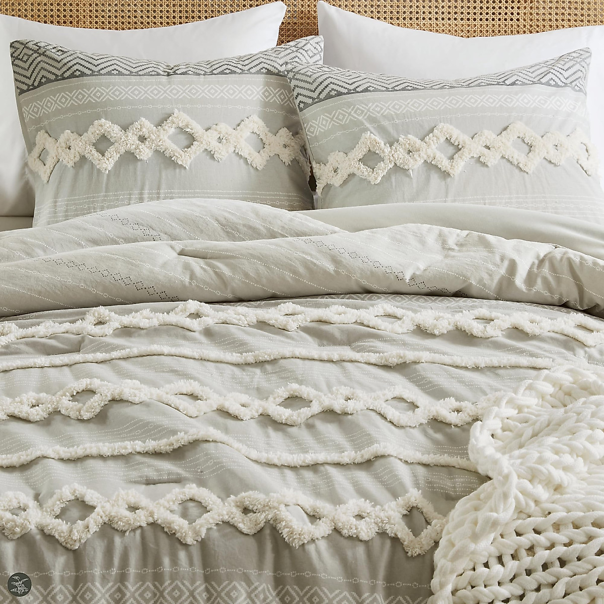 Hyde Lane Boho Gray Comforter Set King, Farmhouse Bedding Sets, Cotton Top with Modern Neutral Style Clipped Jacquard Stripes, 3-Pieces Including Matching Pillow Shams (104x90 Inches)