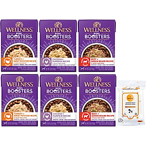 Aurora Pet Variety Pack (6) Wellness Bowl Boosters Hearty Wet Dog Toppers (2) Beef (2) Chicken (2) Turkey (5.5-oz Each) with AuroraPet Wipes