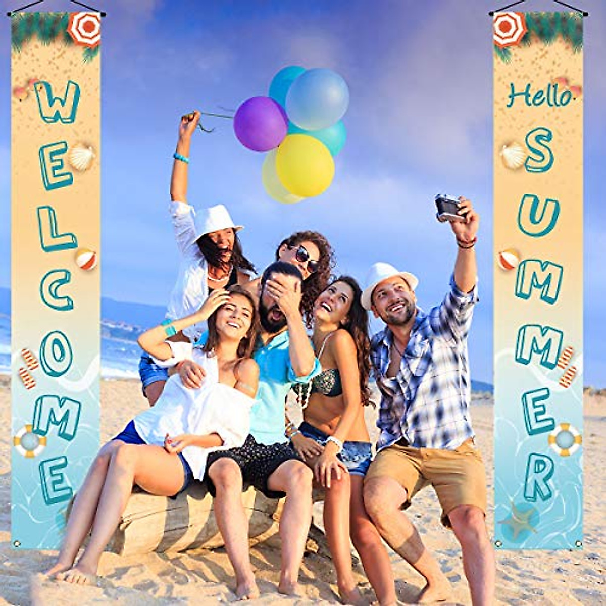 Pudodo Welcome Hello Summer Porch Banner Beach Themed Sea Palm Leaves Starfish Seashell Holiday Party Front Door Wall Sign Decoration