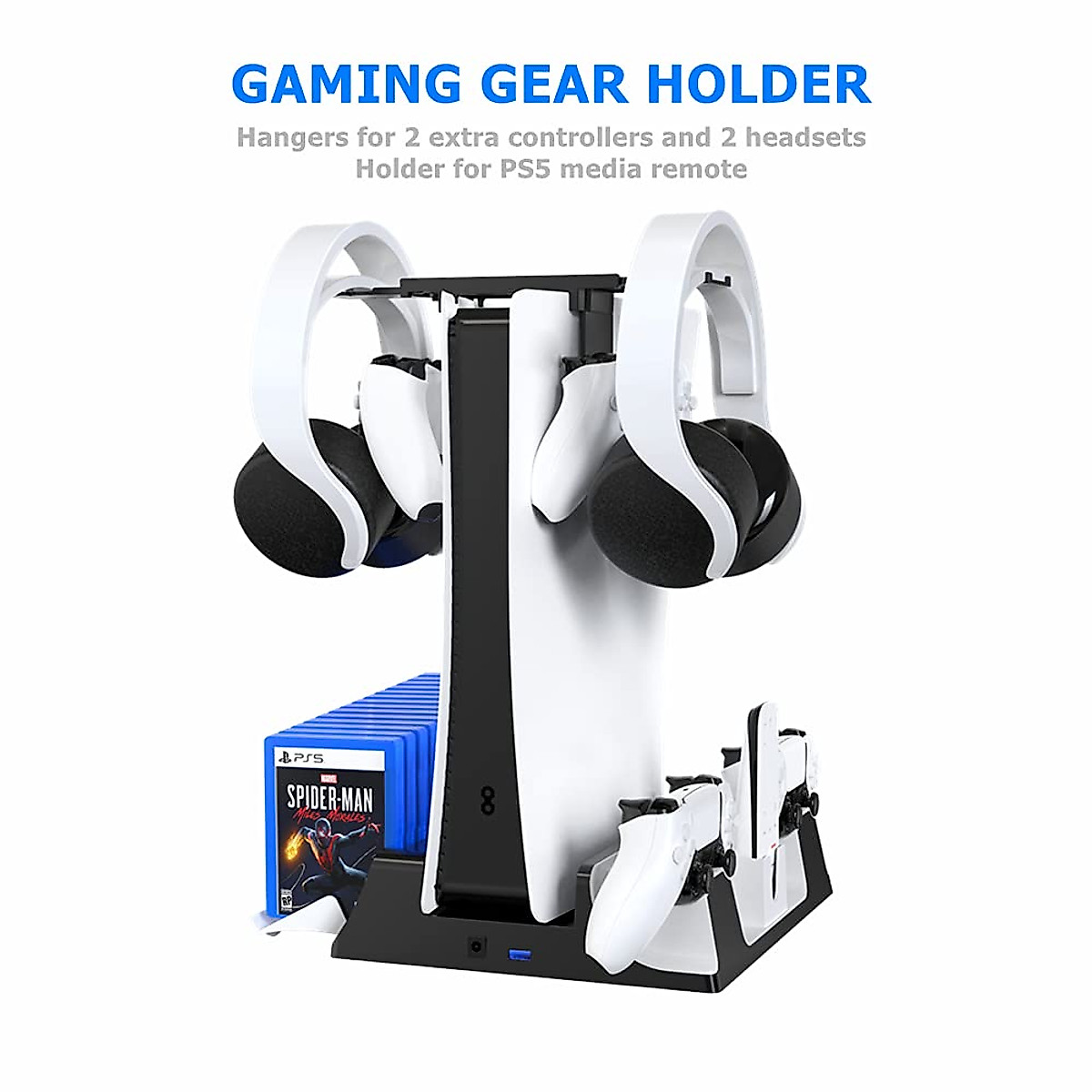 EJGAME Stand with Suction Cooling Fan and Dual Controller Charger Station Compatible with PS5 Console and PS5 Digital Edition, Built-in Headset Holder,Media Remote Stand and14 Game Rack Organizer