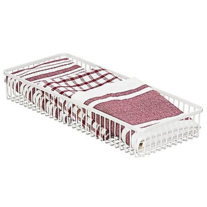 mDesign Metal Farmhouse Kitchen Cabinet Drawer Organizer Basket Tray, Shallow Storage Bin for Cutlery, Serving Spoons, Cooking Utensils, Appliances, Gadgets, Unity Collection, 15" Long, 2 Pack, White