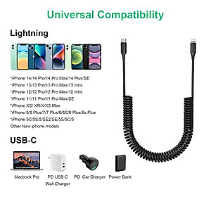 Arkidyn Coiled USB-C to Lightning Cable, MFi Certified Retractable USB C iPhone Charger Cord Charging Cable Compatible with iPhone 14 13 12 11 Pro Max XR XS X 8 7 6 Plus 5 SE