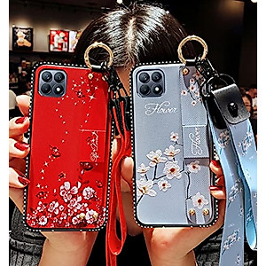for iPhone 13 Pro Max Case Girl Woman Design,Luxury Glitter Cute Flower Slim TPU Bumper Cover with Loopy Ring,Foldable Wrist Strap Stand Phone Case with Neck Lanyard for iPhone 13 Pro Max 6.7'' Red