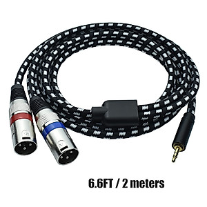 Mugteeve 3.5 mm to Dual XLR Male Y Splitter Cable, 6.6 Feet Stereo 1/8 Mini TRS Headphone Jack to L/R Double XLR Male Aux Cord, Noise Free, Nylon Braided, for Studio Monitor Speaker and Phones
