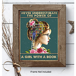 Inspirational Classroom Wall Art & Decor - Girls Bedroom - Never Underestimate A Girl With A Book - Positive Quotes - Girls Room - Girly Motivational Posters - Uplifting Encouragement Daughter Gifts