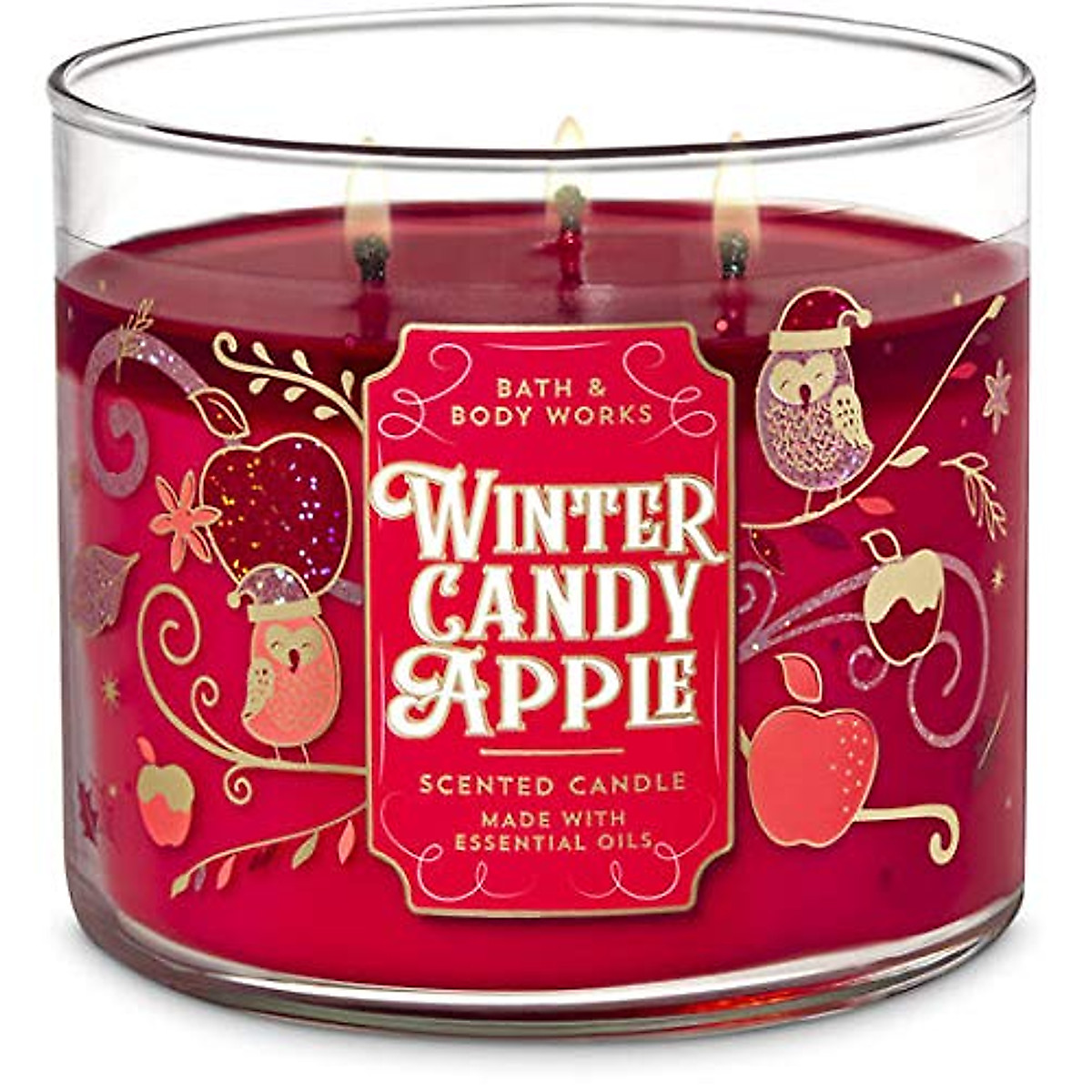 Bath and Body Work Winter Candy Apple Candle Gift Set, 3 Wick and Single Wick Candles, Full Size Body lotion, Shower Gel with Gingham Gift Bag and Tissue
