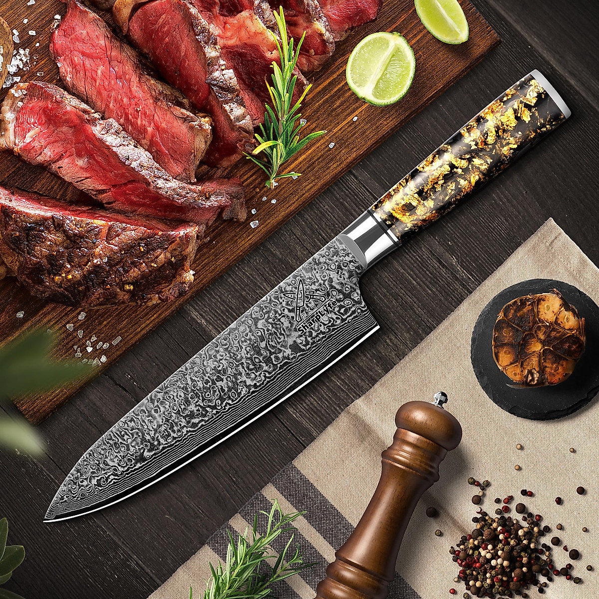 SharpLyfe Japanese Damascus Steel Chef Knife - Gold Foil & Carbon Fiber Handle - Razor Sharp Blade - Kitchen Knife with Secure Finger Guard - Chef Knife for Professional Grade - Size 7.79 Inch