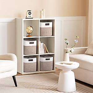 Dreamcountry 13x13 Cube Storage Bins, Storage Cubes with Handles, 4 Pack Cotton Rope Basket for Shelves, Cube Storage Organizer forToys, Book, Clothes, Home, Office, Nursery, White/Brown