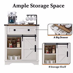 OKD Farmhouse Coffee Bar, 32 Inch Buffet Sideboard with Sliding Barn Door, Drawer, Adjustable Storage Shelves, Wood Accent Floor Cupboard Cabinet for Kitchen, Dining Room, Living Room, Antique White