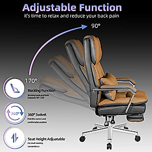 SeekFancy Reclining Office Chair with Footrest O203, Big and Tall Office Chair 500lbs Wide Seat with 170° Backrest, High Back Large Executive Office Chair Lumbar Support，Brown Leather Managerial Chair