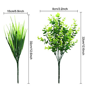 16 Pieces Outdoor Artificial Fake Plants, UV Resistant Artificial Greenery Shrubs Stems, 8 Artificial Boxwood and 8 Plastic Wheat Grass for Indoor Outdoor Home Porch Window Box Garden Decoration